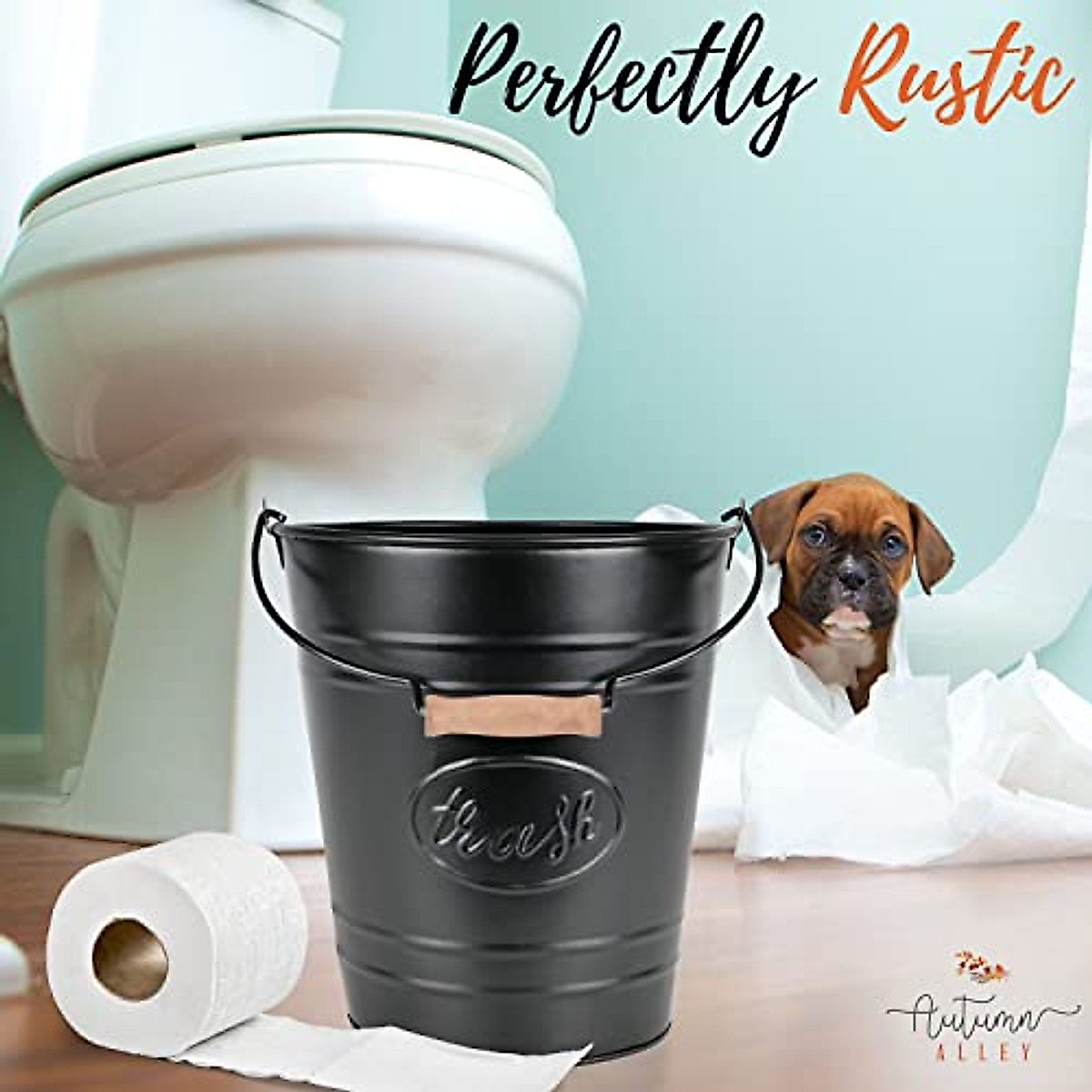 Autumn Alley Farmhouse Bathroom Trash Can - Rustic Black Trash Can Bucket with Wooden Handle for Rustic Bathroom, Farmhouse Kitchen, Country Home Décor, 7 Liters, Matte Black