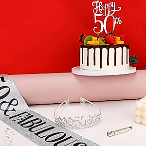 Tihebax 50th Birthday Sash and Crown/Tiara Set 50th Birthday Gifts for Women 50th Birthday Decorations Women Bonus 50th Cake Topper Pearl Pin (silver)