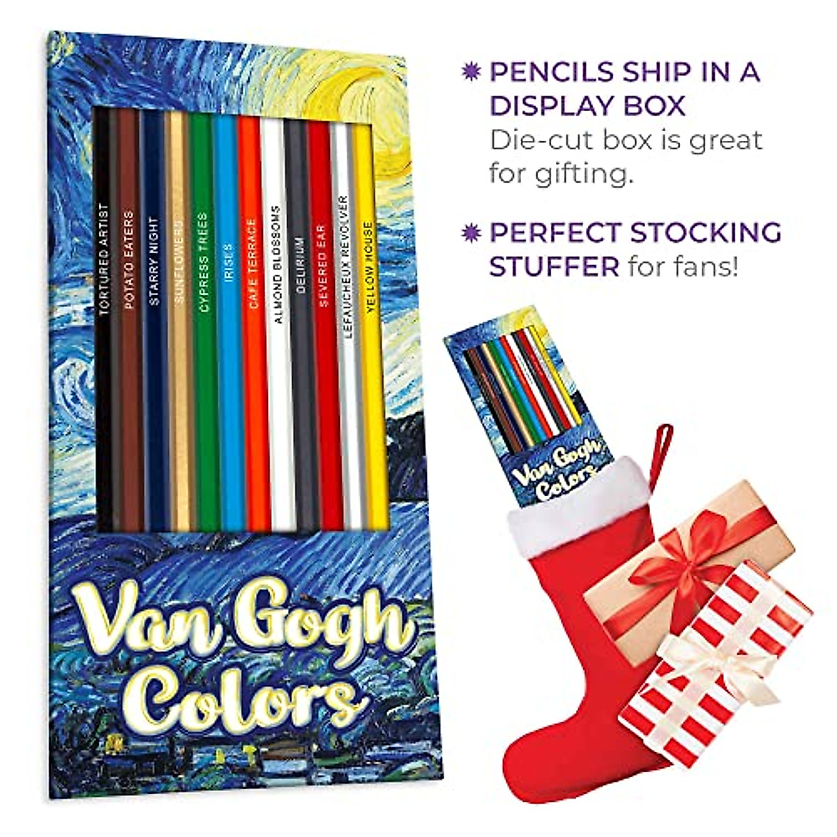 Van Gogh Themed Colors Colored Pencil Set - Set of 12 Post-Impressionism Pencils - Each Color Pencil is Foil-Stamped with Artist References Such as Famous Painting Names - Packaged in a Display Box