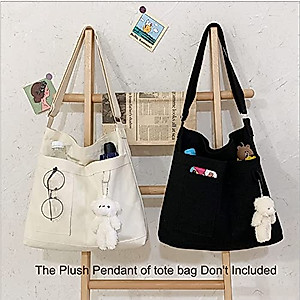 Kehpish Economical Cotton Tote Bag, Reusable Womens Canvas Tote Bag with 3 External Pocket, Top Zipper Closure White