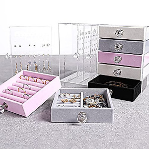 Frebeauty Acrylic Jewelry Box Clear Earring Organizer Storage Boxes,Necklace Hanging with 5 Removable Velvet Drawers Large Jewelry Display Case for Stud Rings Bracelets for Gift,(Grey)