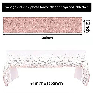 FGSAEOR Rose Gold Tablecloth, 12x108inch Sequins Table Runners and 54x108inch Plastic Table Cloths for Party Decorations, Sparkling Party Supplies Table Cover for Indoor Outdoor Parties