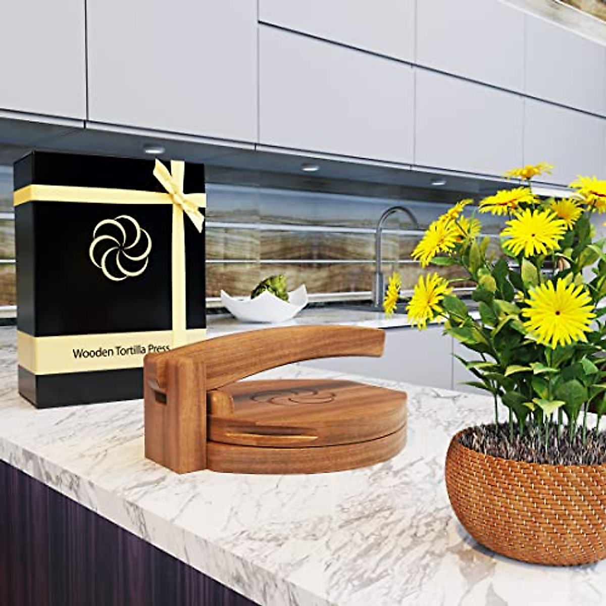 panan Wooden Tortilla Press Mexican Tortillera Presser Made from Natural Food-Grade Acacia Wood - Large Wood Pataconera with 50 Pieces Parchment Paper, Dough Cutter and Recipes eBook (Round 10")