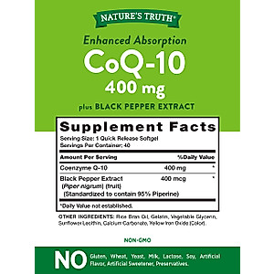 Nature's Truth Co-Q10 400mg | 40 Softgels | Maximum Strength Supplement | Enhanced Absorption | Non-GMO, Gluten Free