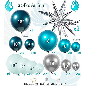 Chrome Dark Teal Winter Balloon Garland Arch Kit 120PCS Double Stuffed Metallic Teal and Silver Mint green Balloons For Wedding Women Birthday Winter Wonderland Decorations