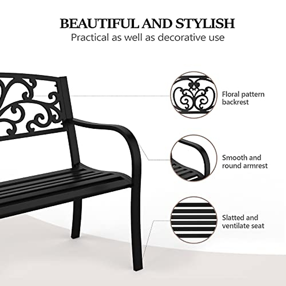 VINGLI 50" Patio Park Garden Bench Outdoor Metal Benches,Cast Iron Steel Frame Chair Front Porch Path Yard Lawn Decor Deck Furniture for 2-3 Person Seat