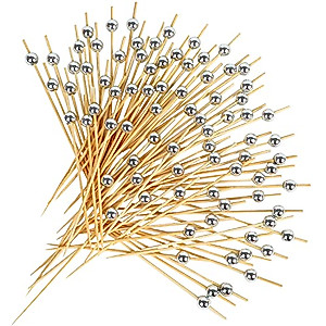 KIMOBER 100PCS Cocktail Picks,Silver Pearl Handmade Bamboo Cocktail Toothpicks for Appetizers Fruit Party,Cocktail Sticks Party Supplies