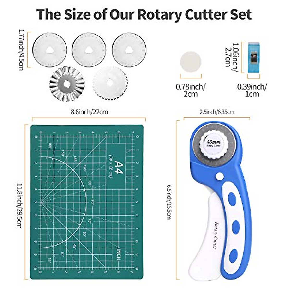 Rotary Cutter Set, 42Pcs Self Healing Cutting Mat Kit - 45mm Rotary Fabric Cutter with 5 Extra Cutter Blades, A4 Cutting Mat, 20 Craft Clips, 15 Non-Slip Grips, Sewing Supplies for Crafting Sewing