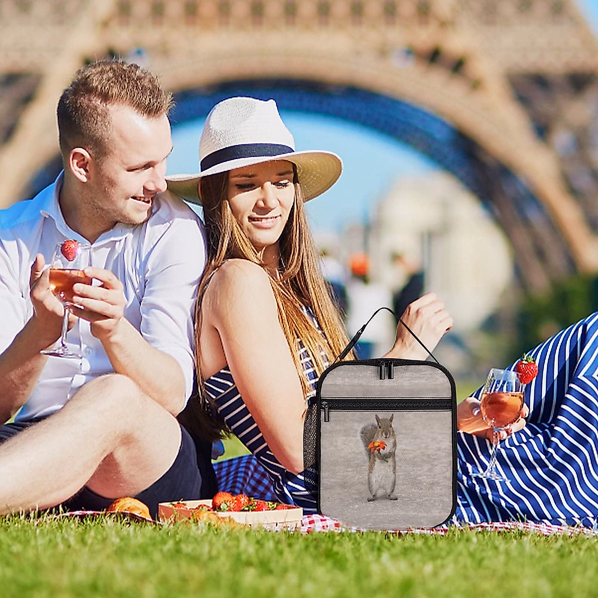 PEXISAOH Cute Squirrel Holding A Flower Animals Reusable Insulated Lunch Bag for Women Men Kids,Leakproof Portable Lunch Box with Side Pocket Durable Cooler Tote Bag for School Work Picnic Travel