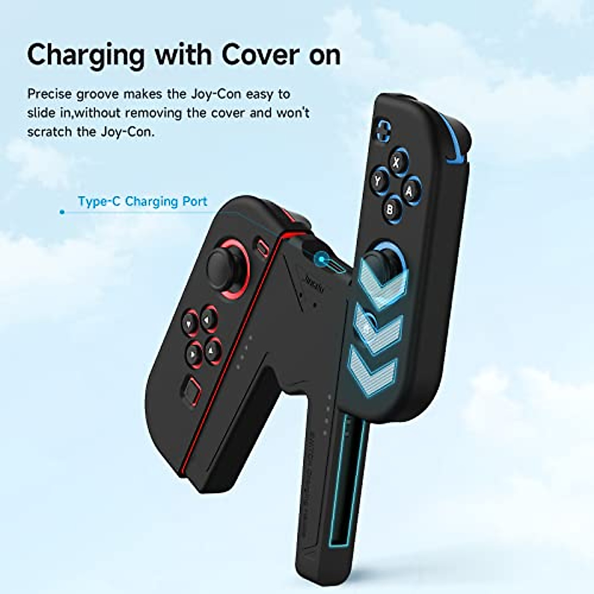 JINGDU Switch Joy-Con Charging Grip Compatible with Nintendo Switch & OLED Model, Play While Charging, Portable V-Shaped Switch Joy-Con Controller Charger with Indicators, Black