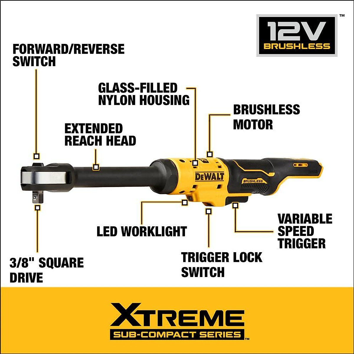 DEWALT XTREME 12V MAX* Cordless Ratchet, Brushless,3/8 in., Extended Reach, Tool Only (DCF503EB)