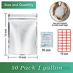 50 Pack 1 Gallon Mylar Bags for Food Storage with with Oxygen Absorbers, 4.7 Mil Mylar Storage Bags 10"x 14" Stand-Up Zipper Resealable Bags for Grains Legumes and Long Term Food Storage