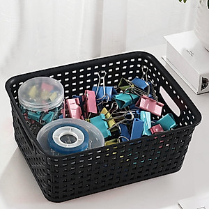 Lasbily 6-Pack Plastic Storage Basket, Woven Shelf Basket with Cut Out Handle, Pantry, Classroom, Kitchen, Bathroom Organizer Bin, Black