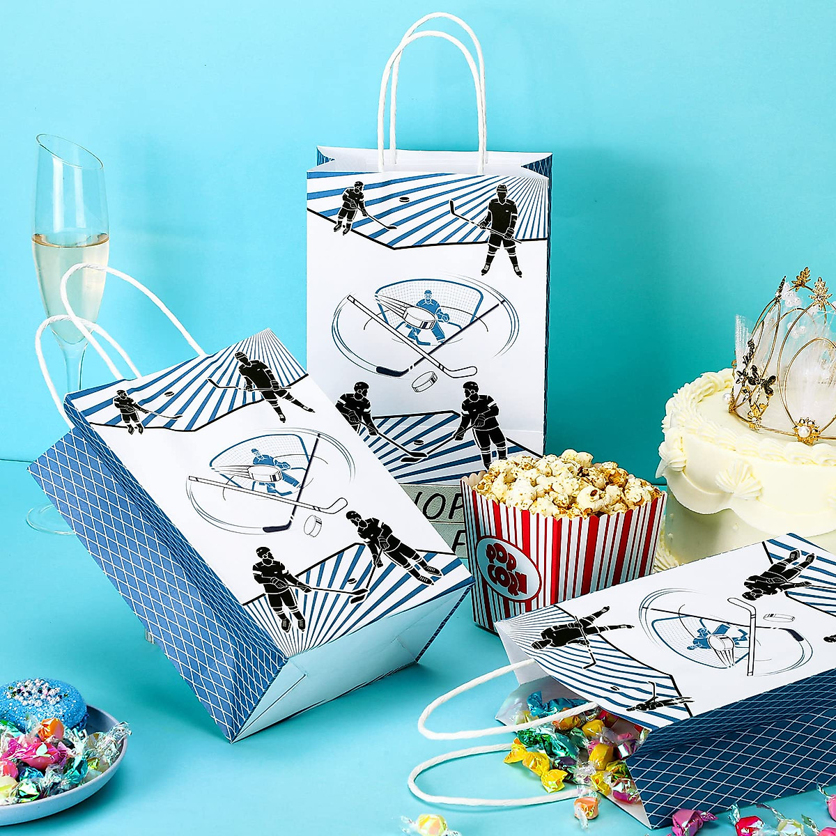 18 Pcs Hockey Paper Gift Bags Hockey Candy Goody Bags Sport Hockey Theme Treat Bags with Handle Hockey Party Favors for Hockey Birthday Party Supplies Decorations Field Hockey Gifts Snack Goodie
