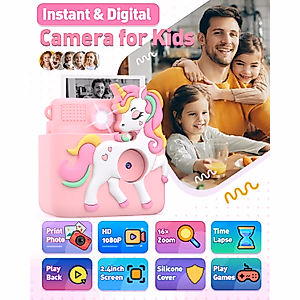 Kids Camera Instant Print with Silicone Cover, Creative Gifts for Girls Age 4-12 Birthday Christmas, 1080P Digital Camera Toy with 32GB SD Card - Pink