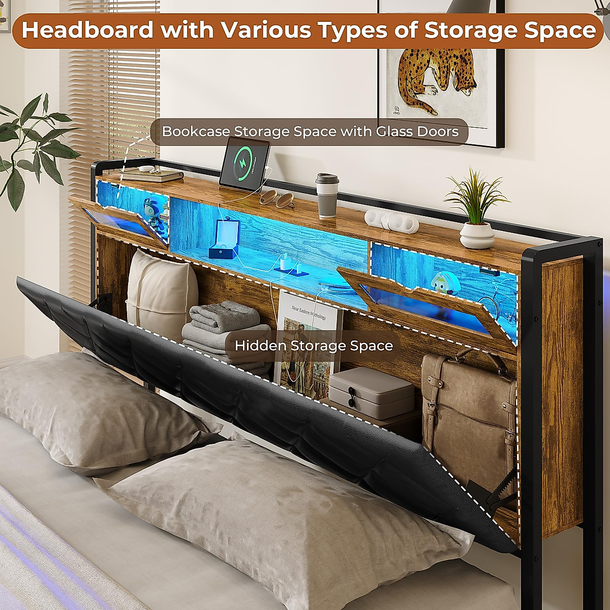 DICTAC Queen LED Bed Frame with Bookcase Storage Headboard, Charging Station,Hidden Storage Space Metal Platform Bed Frame with Storage Shelves & LED Lights,Faux Leather,Heavy Duty Metal Slats,Black