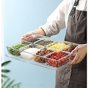 Divided Veggie Tray with Lid, 8 Compartment Vegetable Storage Square Appetizer Relish Serving Platter, Food Fruit Snack Containers with 8 Spoons for Refrigerator Organizer Bins