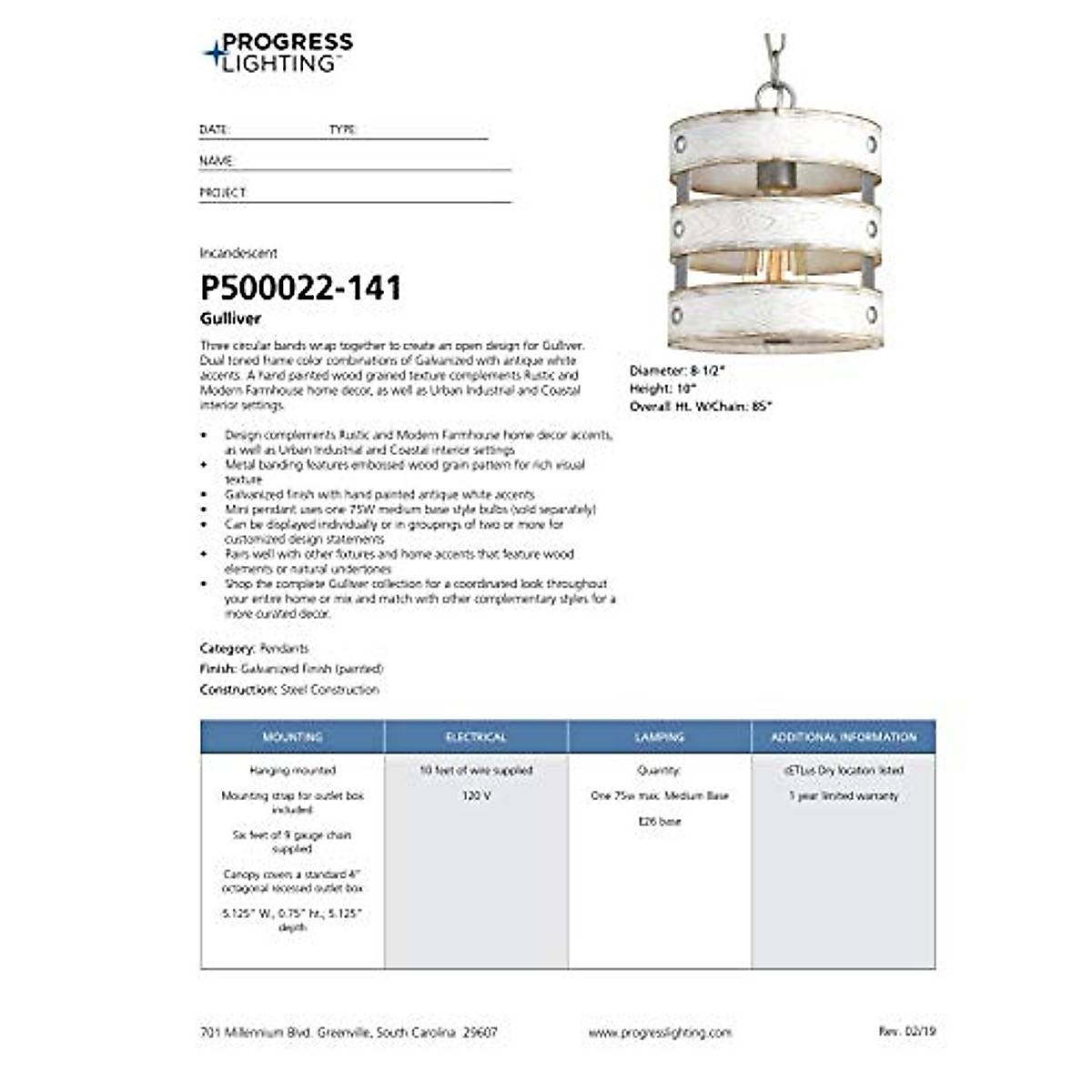 Gulliver Collection 1-Light Coastal Pendant Light Galvanized