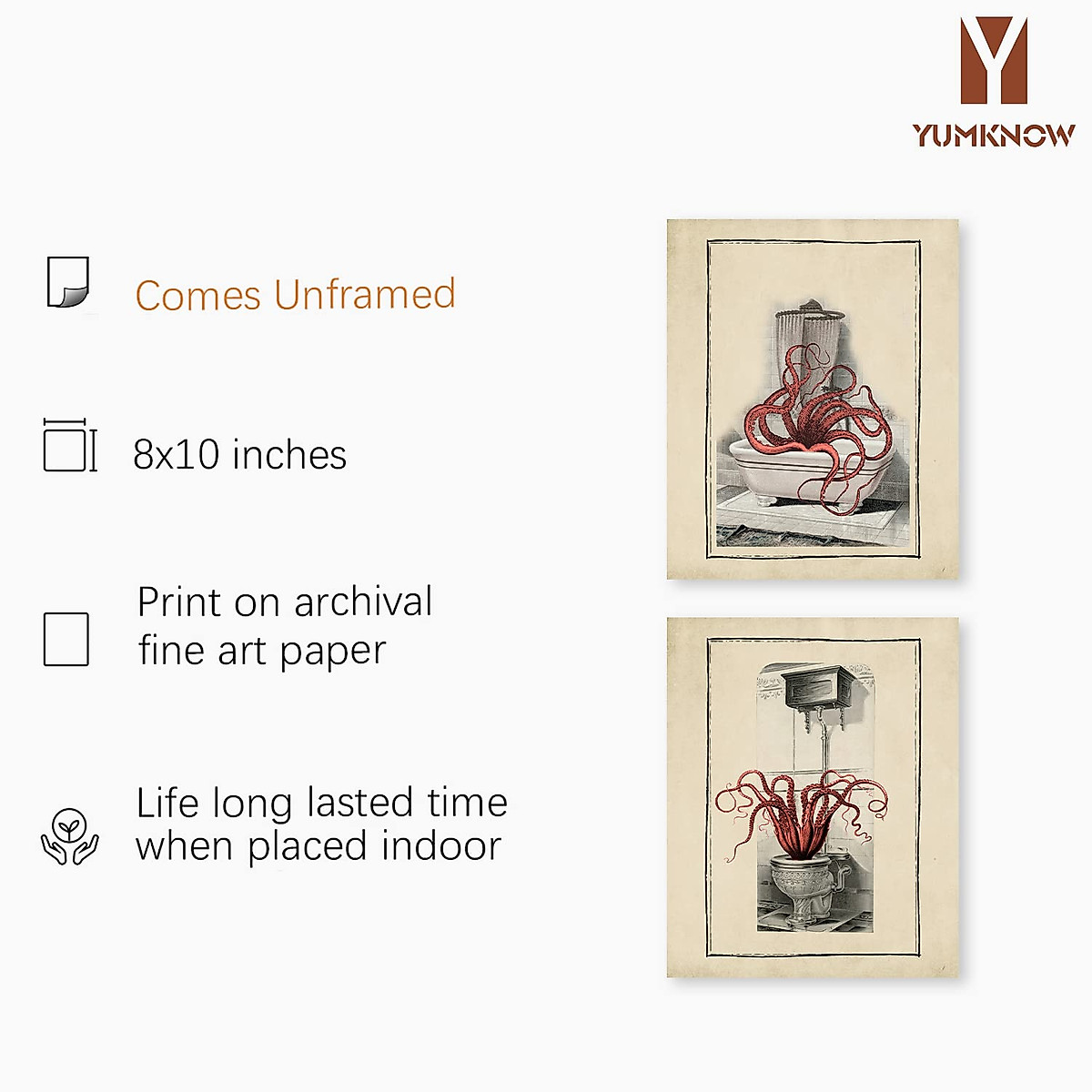 Funny Bathroom Wall Decor - Vintage Surreal Octupus Wall Art - Unique Cool Bathroom Pictures - Quirky Bizarre Bath Posters - Steampunk Cute Bathroom Accessories - Toilet Sign - Powder Room Print