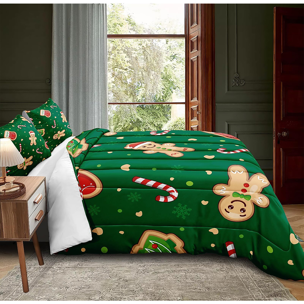 Herside Christmas Comforter Set Queen Size Bedding Set Xmas Snowflakes Gingerbread Man Design Cute Christmas Bedding Comforter Set for Boys Girls (Green,Queen)