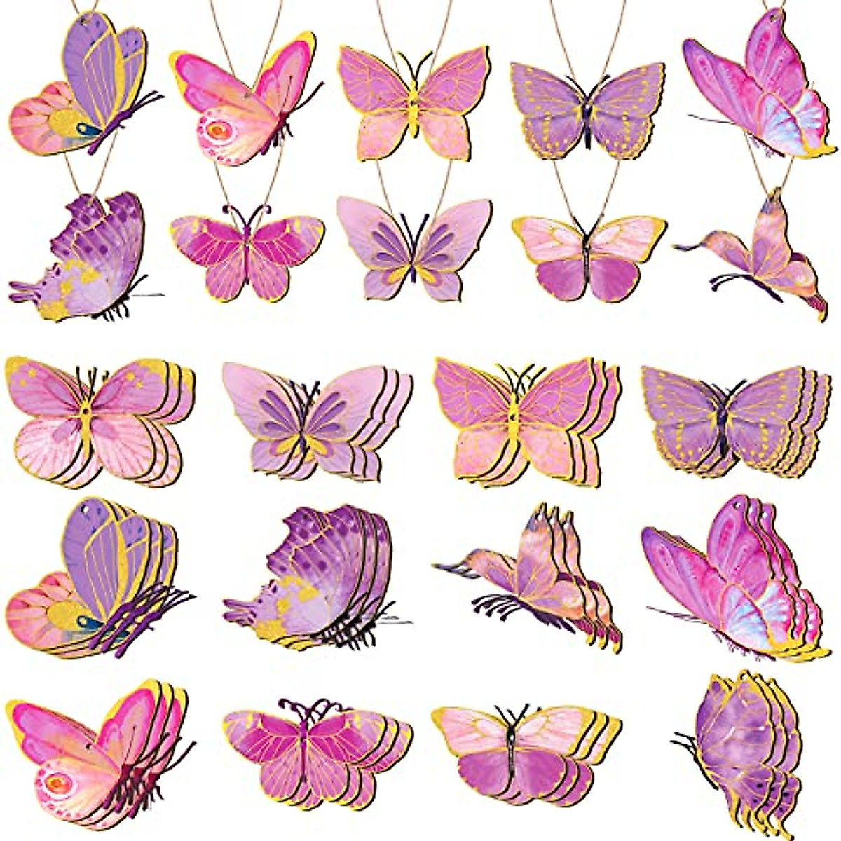 Sintuff 36 Pcs Butterfly Party Decor Butterfly Wood Hanging Ornaments Pink Purple Butterfly Hanging Ornaments Spring Summer Butterfly Hanging Decorations for Butterfly Baby Shower Decorations