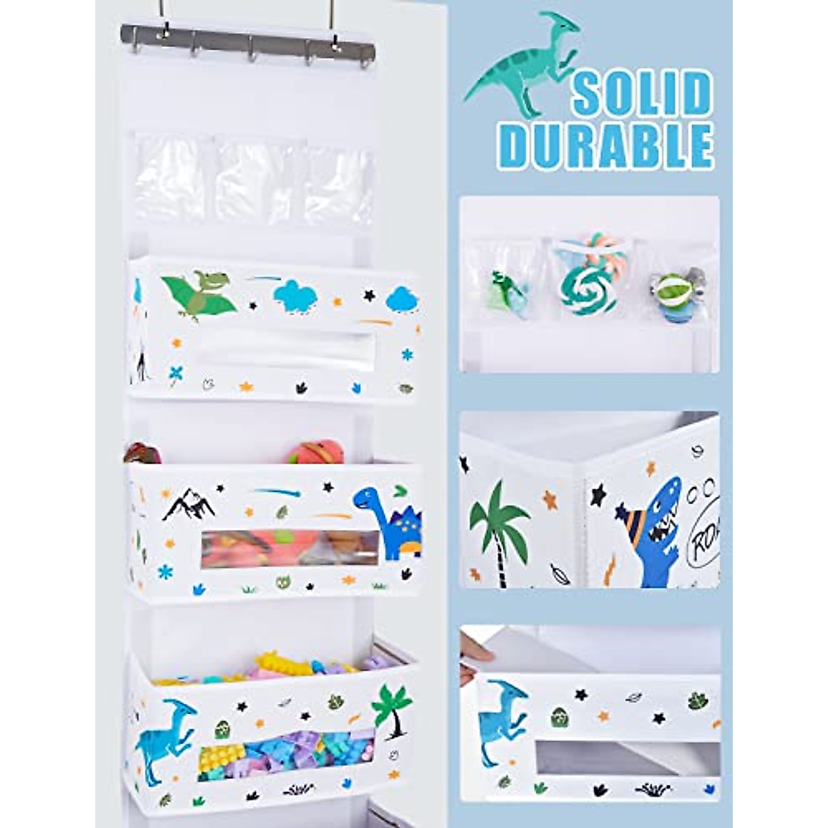 WERNNSAI Dinosaur Door Hanging Organizer - Over Door Storage with 4 Large Pockets 3 Clear Small Pockets for Kids 49” x 14” x 5” Baby Storage Toys Towels Sundries for Children Room Bedroom Kitchen