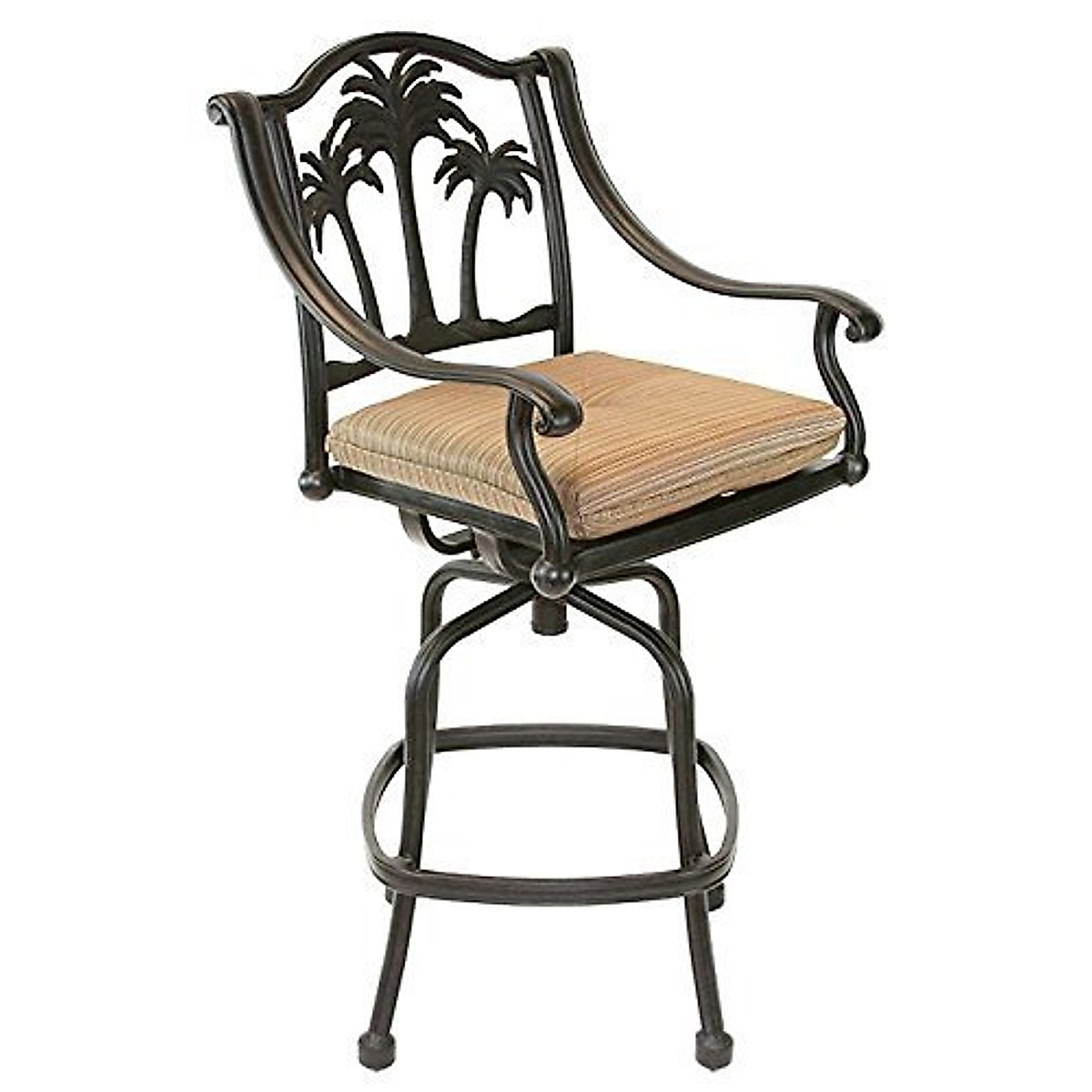 Palm Tree Outdoor Patio Set 6pc Swivel Barstools 30" H Dark Bronze Cast Aluminum, Walnut Cushions