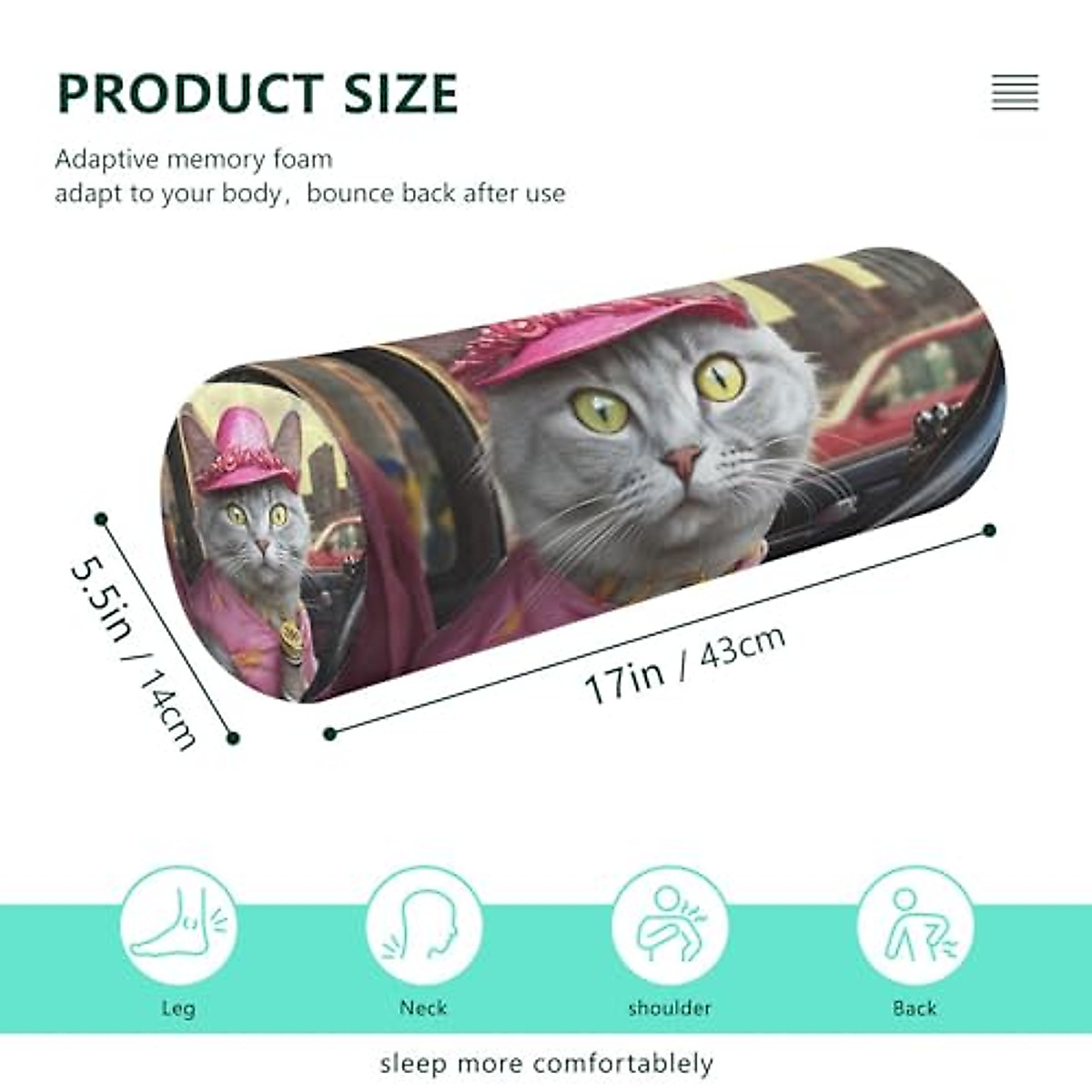 xigua Cute Cat Driver Neck Roll Pillow for Neck Relief with Removable Washable Cover - Memory Foam Round Cylinder Bolster, Ergonomically Designed for Head, Neck, Back, and Legs