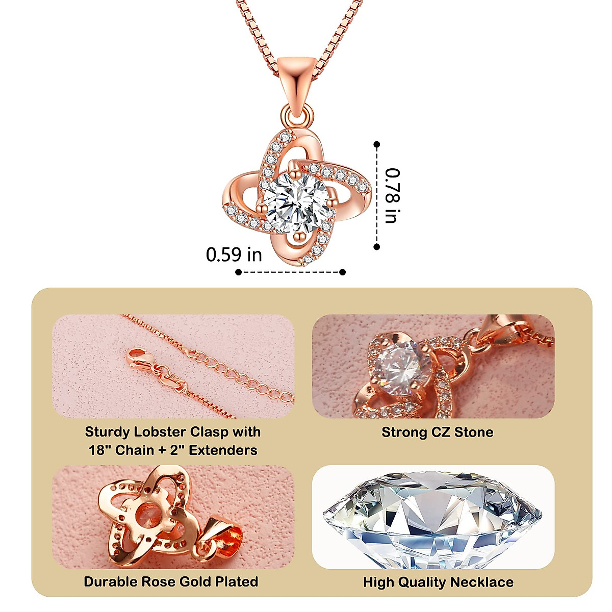 WSKFLY 14K Gold Plated Cubic Zirconia Necklace, Love Knot Diamond Pendant Necklace for Women (Rose Gold)