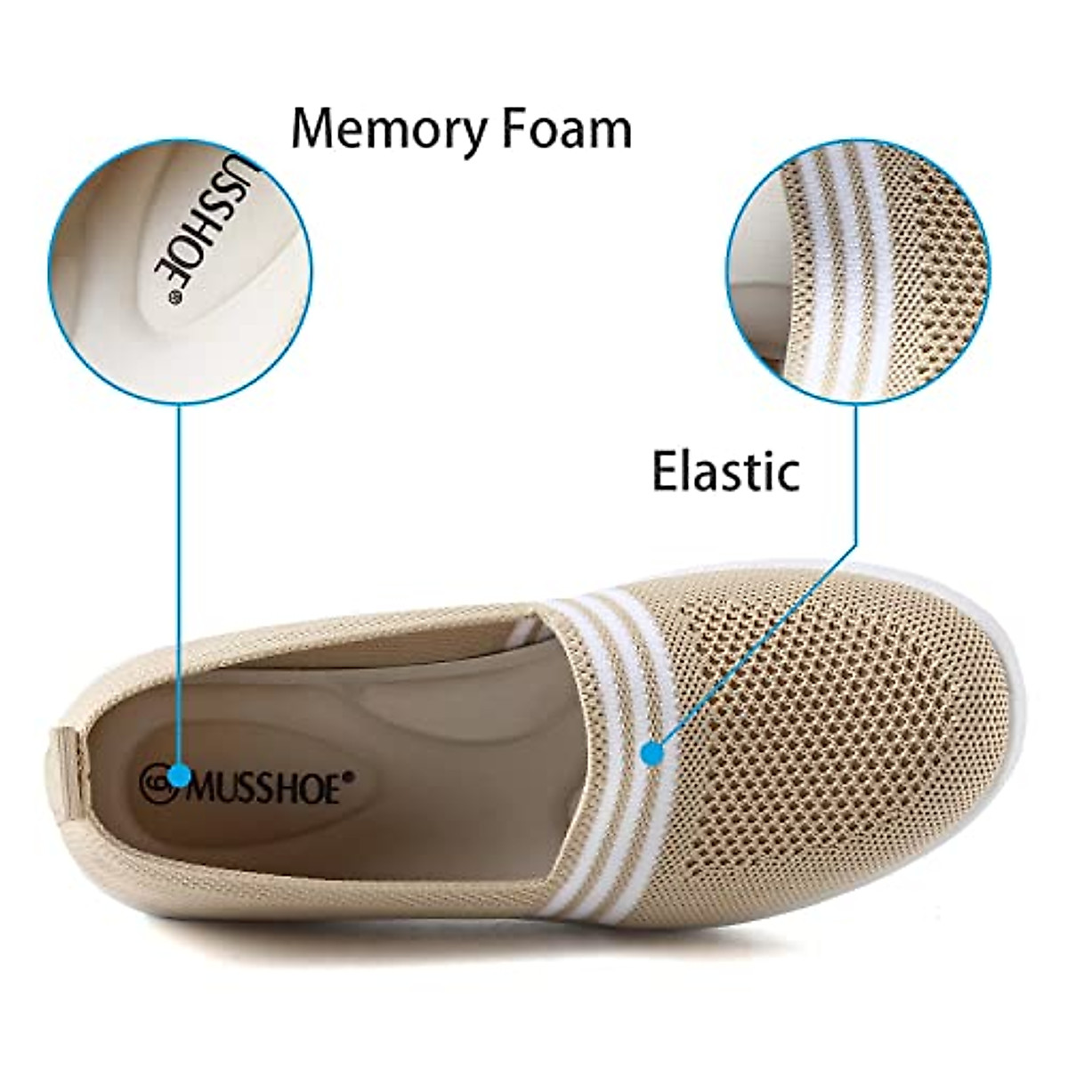 MUSSHOE Womens Walking Shoes Slip on Comfortable Elastic Knit Women Sneakers,Beige 7