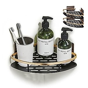 ROZZWILD Shower Caddy 2 Pack Adhesive Wall Mounted No Drilling Washstand Organizer Aluminum Alloy Rustproof Shelf Bathroom Kitchen Storage Rack Matte Black Gold (Triangle)