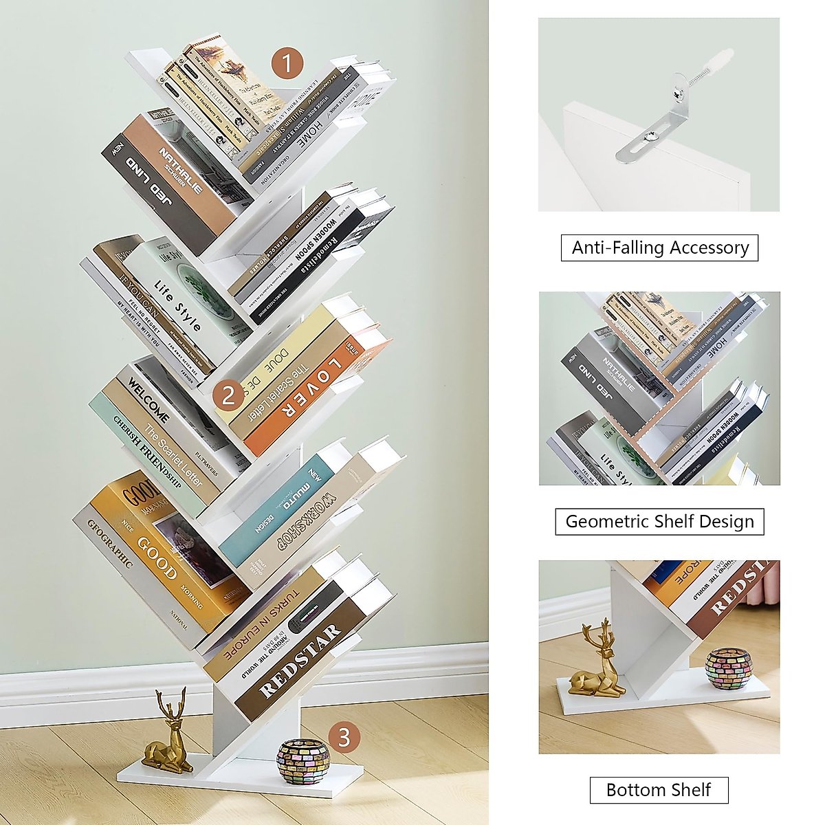 Hoctieon 10 Tier Tree Bookshelf, 10 Shelf Bookcase, Free Standing Tree Bookcase, Display Floor Standing Shelf for Books, Book Shelf Organizer, White