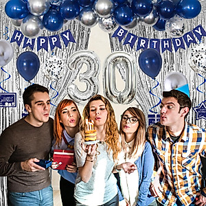 30th Birthday Decorations for Him, Blue and Silver 30th Birthday Party Decorations for Men, Happy Birthday Banner 30th Birthday Balloons Tablecloth Fringe Curtains Hanging Swirls Bday Party Supplies