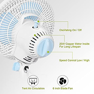 blessny 6" Grow Tent Fan Oscillating for Pole Mount 0.59-1 in, 8 Ft Long Cord Small Clip-on Fan for Home Growing, 20W 2-Speeds 39dB Quiet with Heavy Duty Clamp