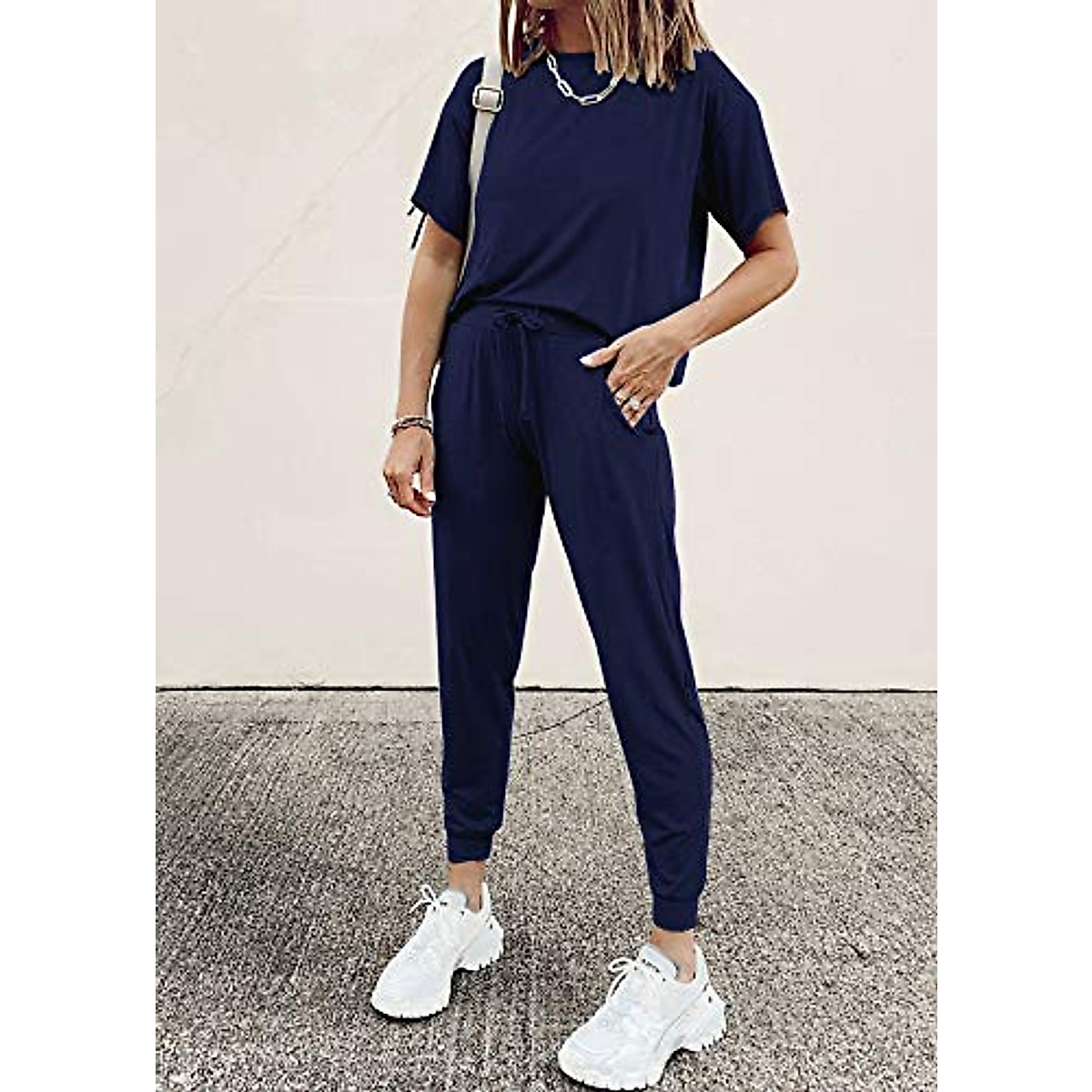 PRETTYGARDEN Women's Two Piece Outfit Short Sleeve Pullover with Drawstring Long Pants Tracksuit Jogger Set (Navy,Large)