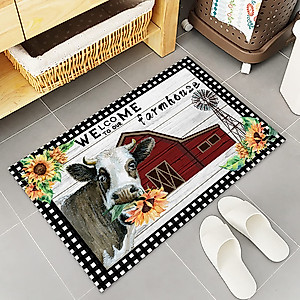 Queener Home Farmhouse Cow and Old Red Wooden Barn Kitchen Rugs and Mats Set of 2, Washable Floor Doormat Comfort Area Runner Rug Non-Slip Rubber Backing for Indoor Sunflowers