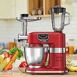 Stand Mixer, 8.5QT 8 in 1 Multifunctional Kitchen Electric Mixer with Dough Hook, Whisk, Beater,Meat Grinder, Blender, Pasta attachment, 5-Speed with LED Key (Red)