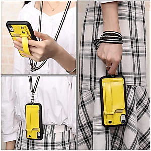 TOOVREN iPhone XR Wallet Case with Lanyard Strap Card Holder Xr iPhone Case Protective Cover with Stand Wallet Leather PU Detachable iPhone Lanyard for iPhone XR 6.1 Inch (2018) (Yellow)