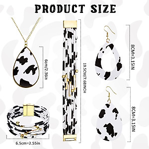 Sureio 4 Pcs Cow Print Jewelry Set Cow Print Accessories for Women Cow Print Earrings Pendant Necklace Black and White Multi Layer Bracelet