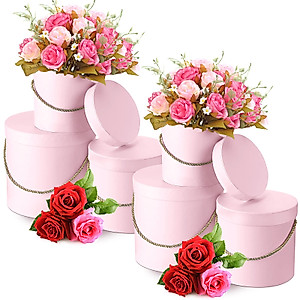 Skylety 6 Pcs Round Flower Boxes with Lids Valentine‘s Day Gift Boxes with Handle for Flowers Arrangement Assorted Sizes Nesting Gift Box for Bridesmaid, Wedding, Birthday, Baby Showers(Pink)