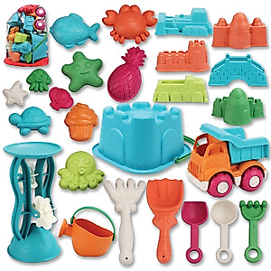 JOYIN 25 Pieces Beach Sand Toys Set with Mesh Bag Including Bucket, Car, Shovels, Rakes, Watering Can, Molds for Kids Summer Outdoor Beach Fun