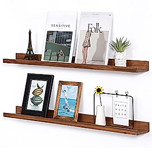 AZSKY Light Walnut Color Wood Wall Floating Shelves for Wall 36 Inch Bookshelf Wall Mount Picture Photo Frames Display Rack with Ledge Decorative Storage Shelves a Set of 2