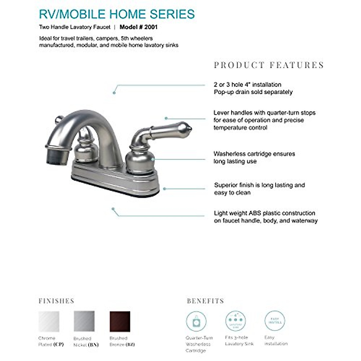 Builders Shoppe 2001BN RV Mobile Home Non-Metallic Centerset Lavatory Faucet, Brushed Nickel Finish