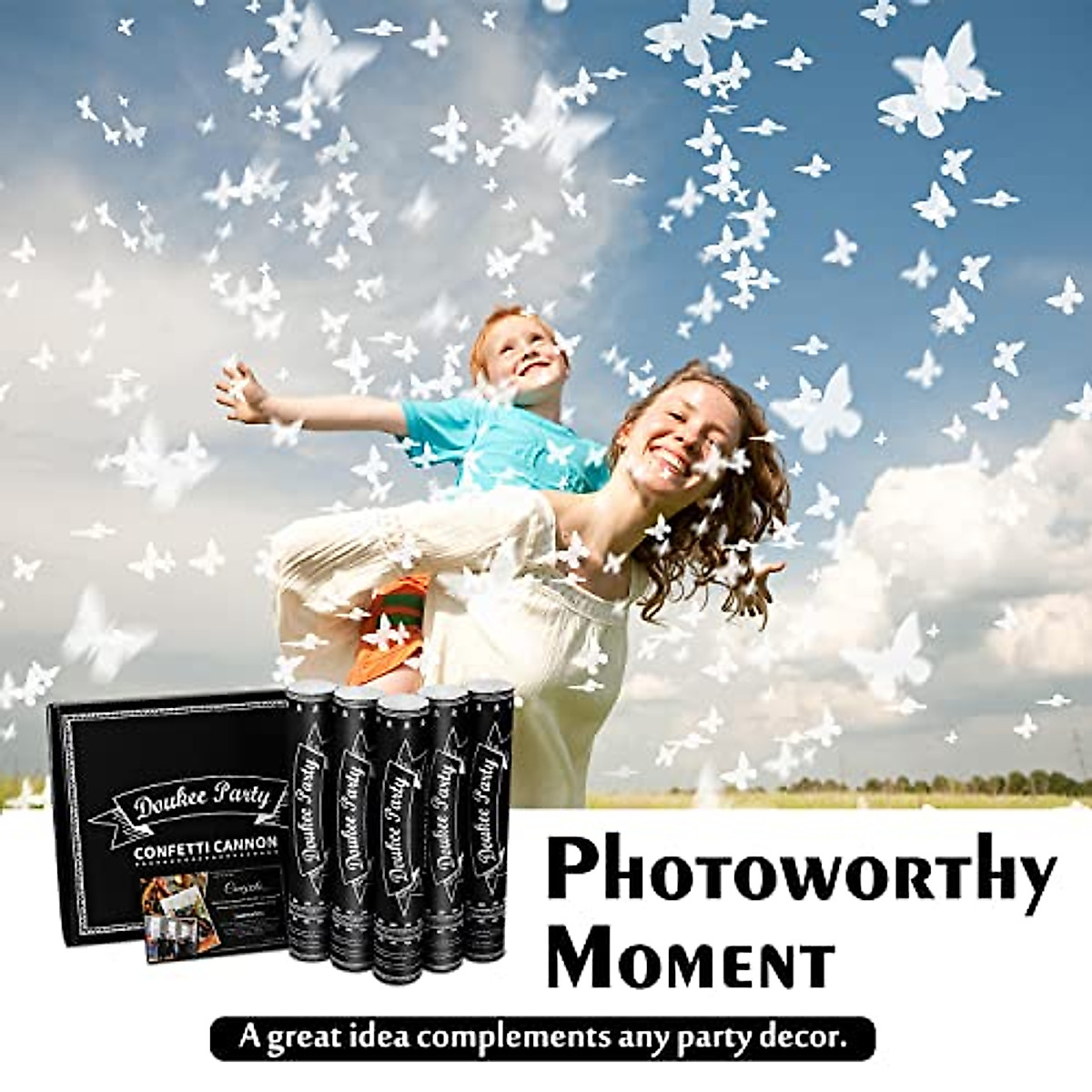 DOUKEE White Butterfly Confetti Cannon,12 Inch Biodegradable White Confetti Poppers Set of 5, Used for Wedding Bridal Shower Birthday Party