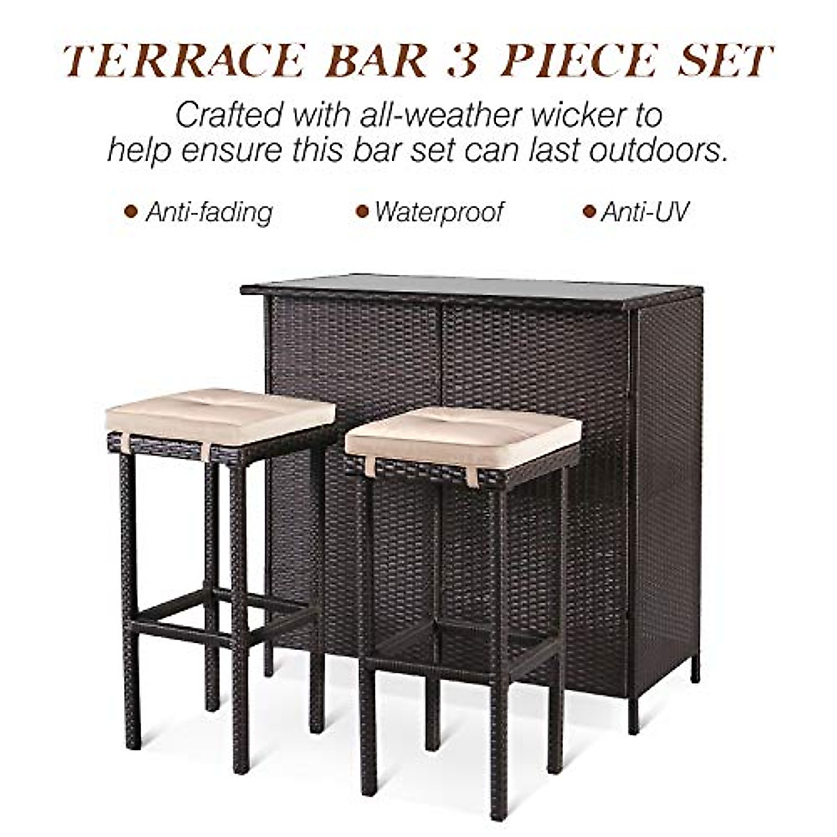 SOLAURA 3-Piece Outdoor Patio Bar Set Black Brown Wicker Bar Table Set Patio Furniture Set Outdoor Bar and Two Stools with Cushions for Backyards, Lawn, Garden, Deck, or Poolside