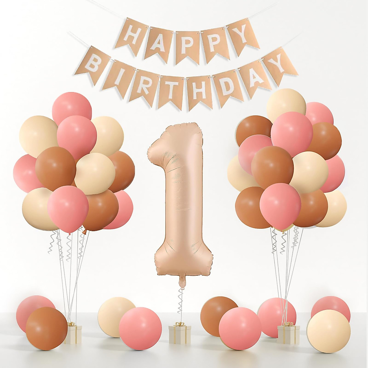 Boho 1st Birthday Decorations For Girls,40 Inch Cream 1 Balloon, Nude Dusty Pink Brown Balloons And Birthday Banner For Boho One Year Old Birthday Decorations Groovy Anniversary Baby Shower Decor
