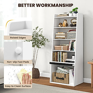 Tangkula White 6 Tier Bookcase, Modern Bookshelf w/ 2 Adjustable Shelves & Flip-up Door, Wood Storage Cabinet w/ 5 Open Shelves, Freestanding Display Shelf for Living Room Study (White, 6 Tier)