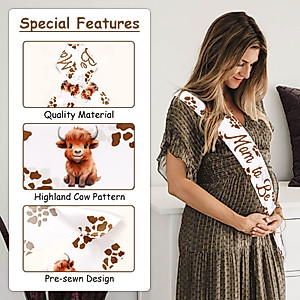 Serencatcher Highland Cow Mom to Be Sash, Highland Cow Baby Shower Favors Include Brown Mom Dad to Be Pin Sash Flower Crown Headband for Western Cowgirl Cowboy Gender Reveals Party Pregnancy Props