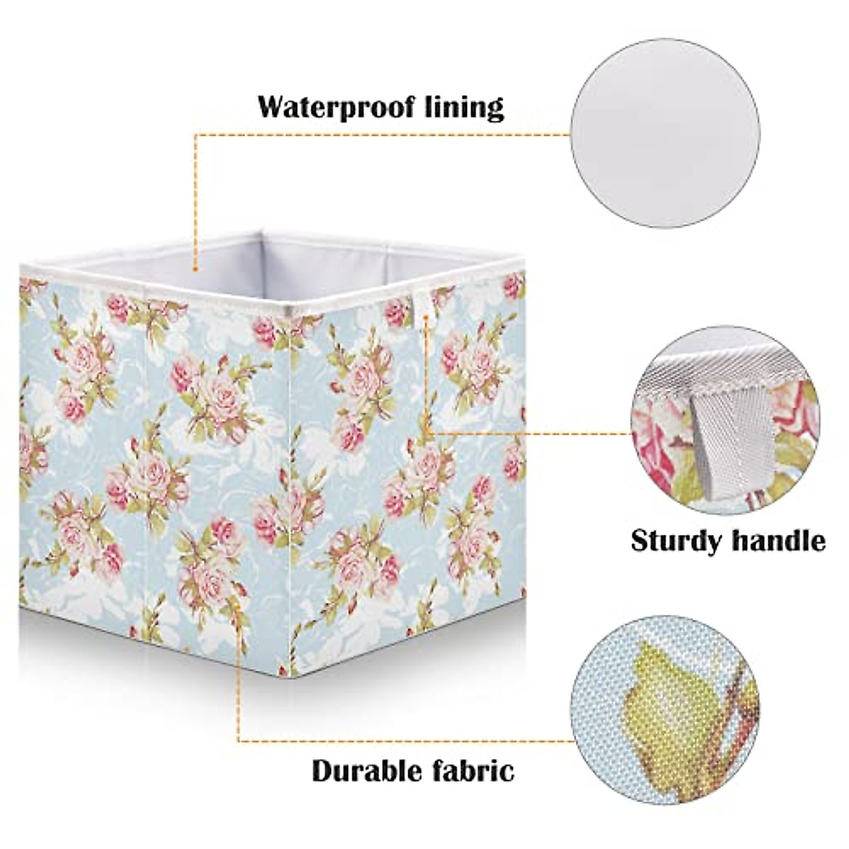 Ollabaky Floral Pink Roses Cube Storage Bin Fabric Foldable Storage Cube Basket Cloth Organizer Box with Handle for Closet Shelves, Nursery Storage Toy Bin, S