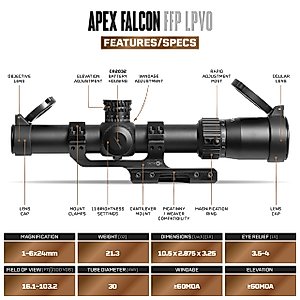 Tacticon Apex Falcon 1-6 x 24mm FFP LPVO Scope with Cantilever Mount | Combat Veteran Owned Company | Tactical Low Power Variable Optic with Illuminated Red Mil-Dot Reticle for Rifle